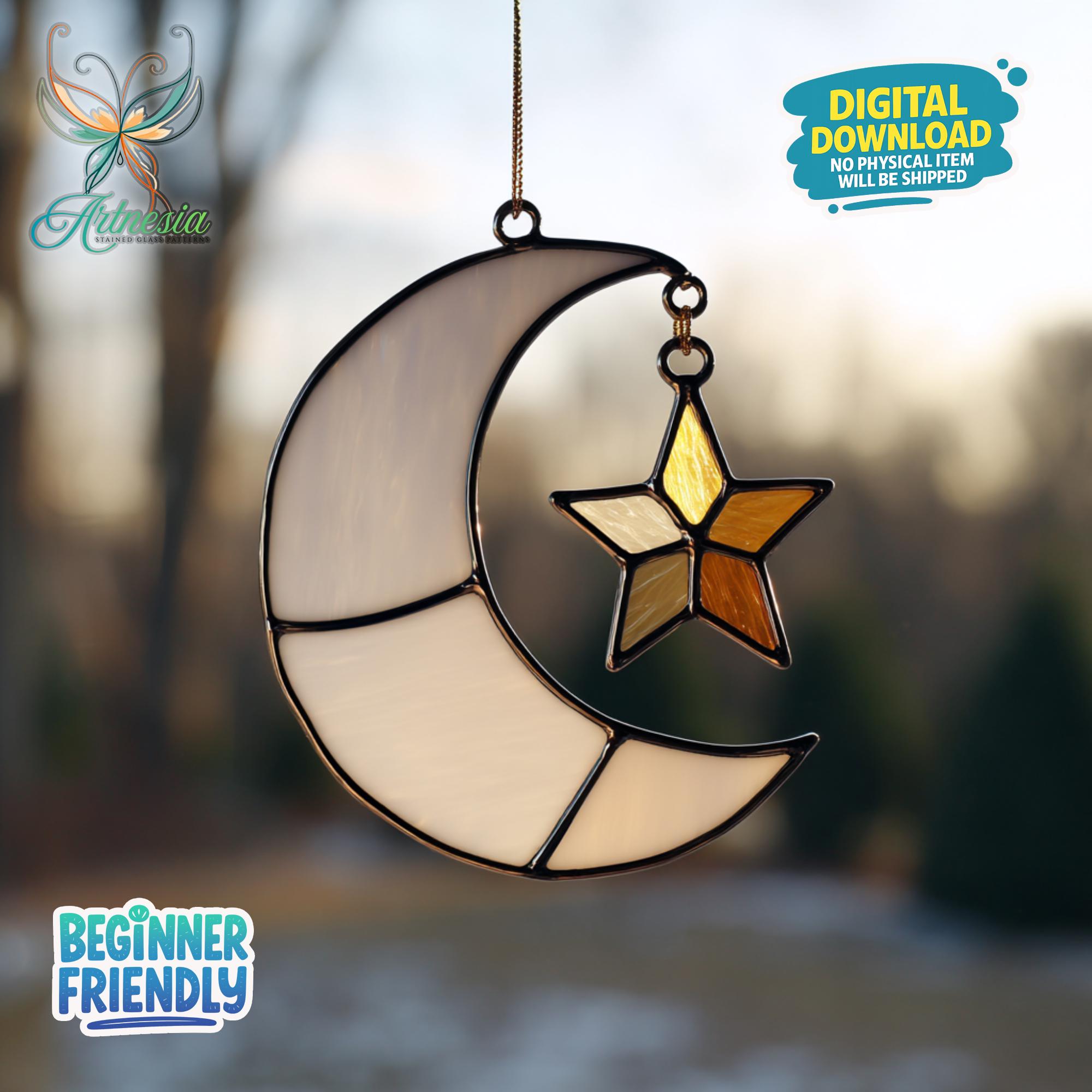 Crescent Moon and Star Stained Glass Pattern, Moon Suncatcher, Moon ...