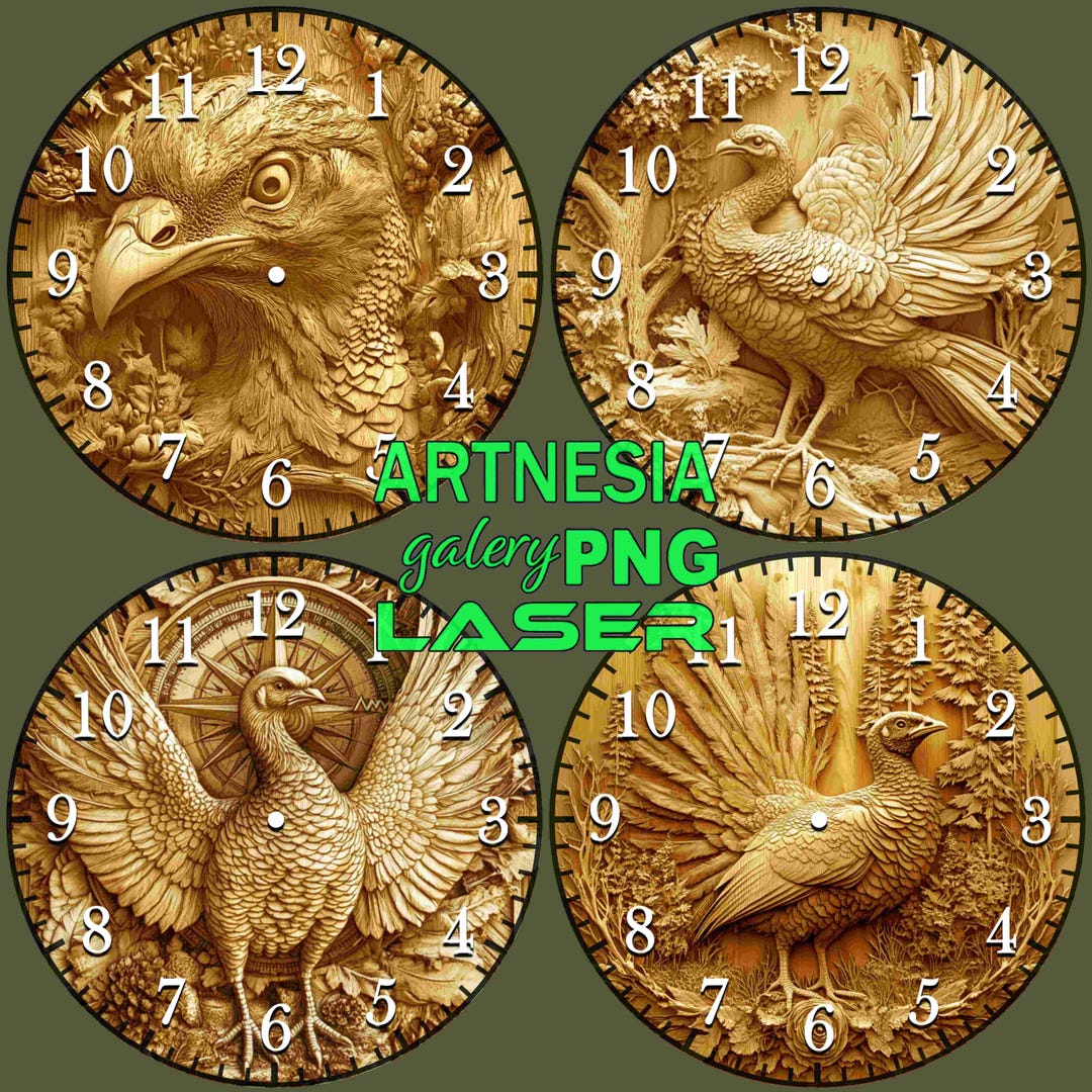 4 Turkey 3D Illusion Clock Template PNG Laser Burn File, Digital Relief ...