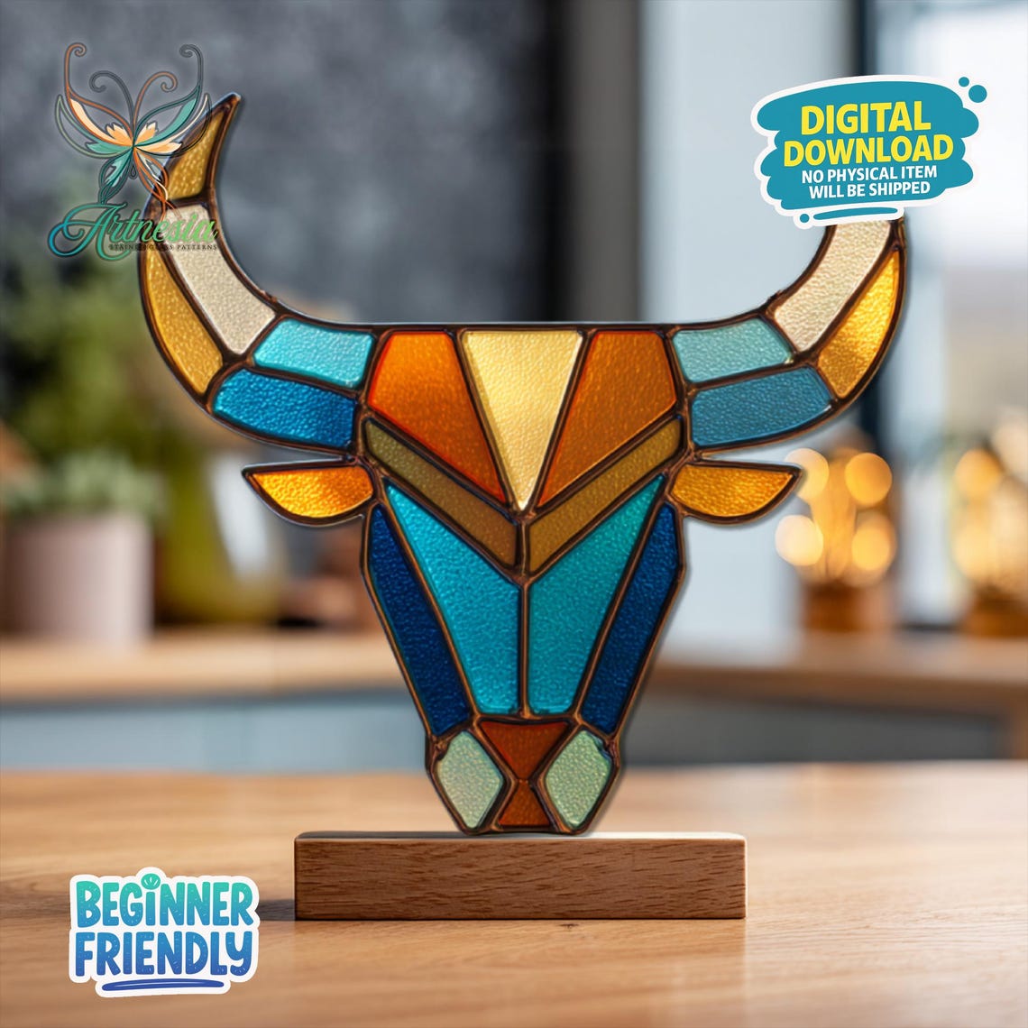 Taurus Bull Stained Glass Pattern, Bull Suncatcher, Skull Stained Glass ...