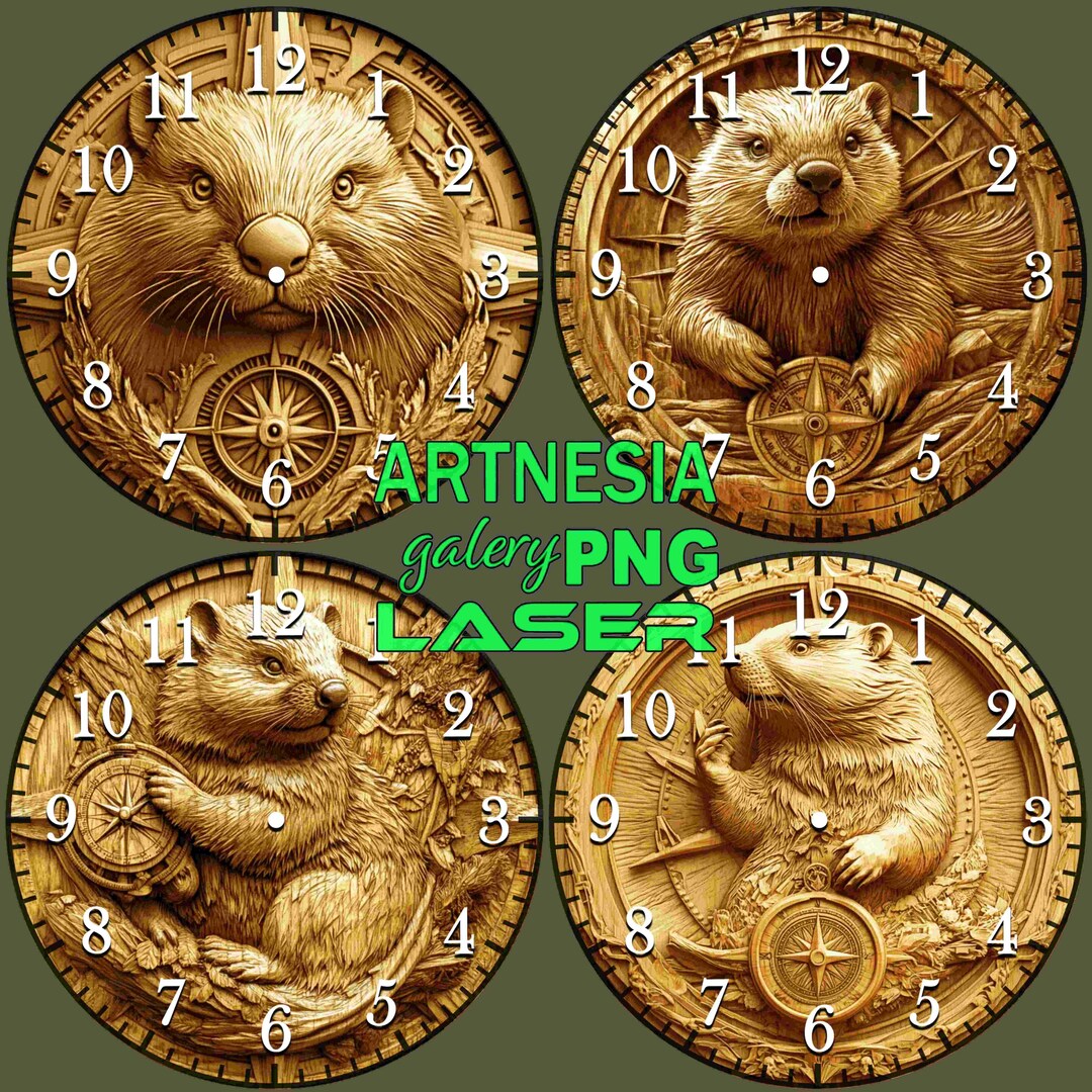 4 Beaver 3D Illusion Clock Template PNG Laser Burn File, Digital Relief ...