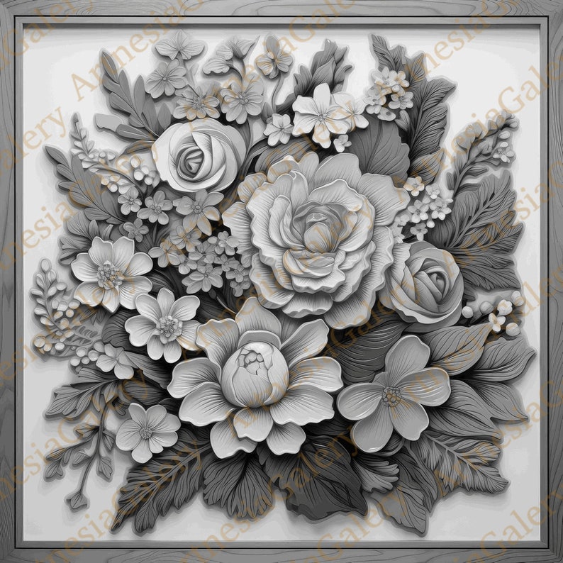 4 Flower Bouquet 3D Illusion PNG Laser Burn File, Digital Relief Design ...