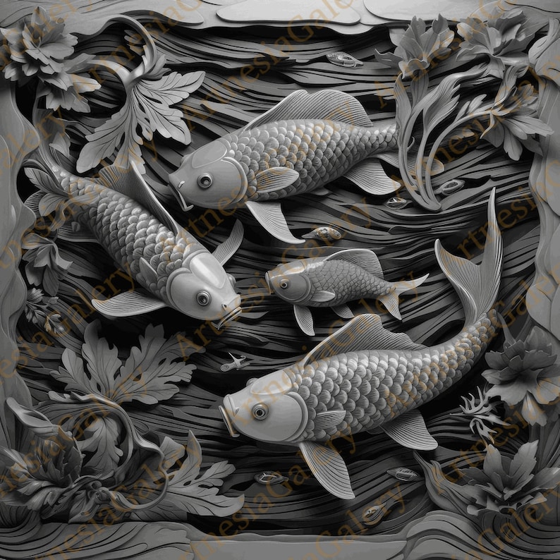 Koi Fish 3D Illusion Laser File: Engraved Relief Design (PNG, SVG) - Etsy