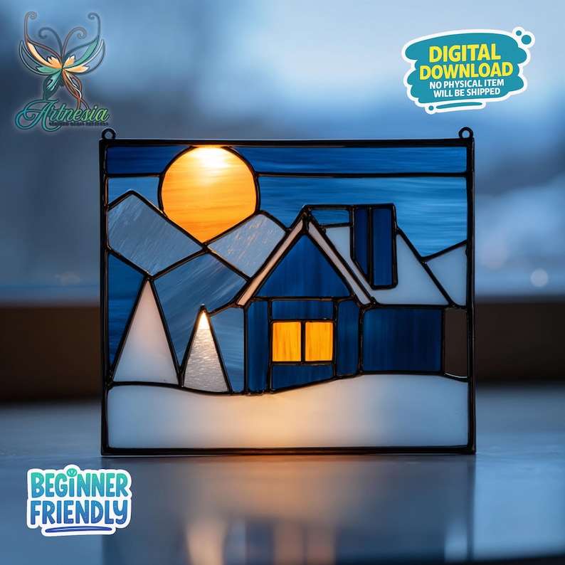 Mountain Cabin Stained Glass Pattern, Mountain Suncatcher, Stained ...