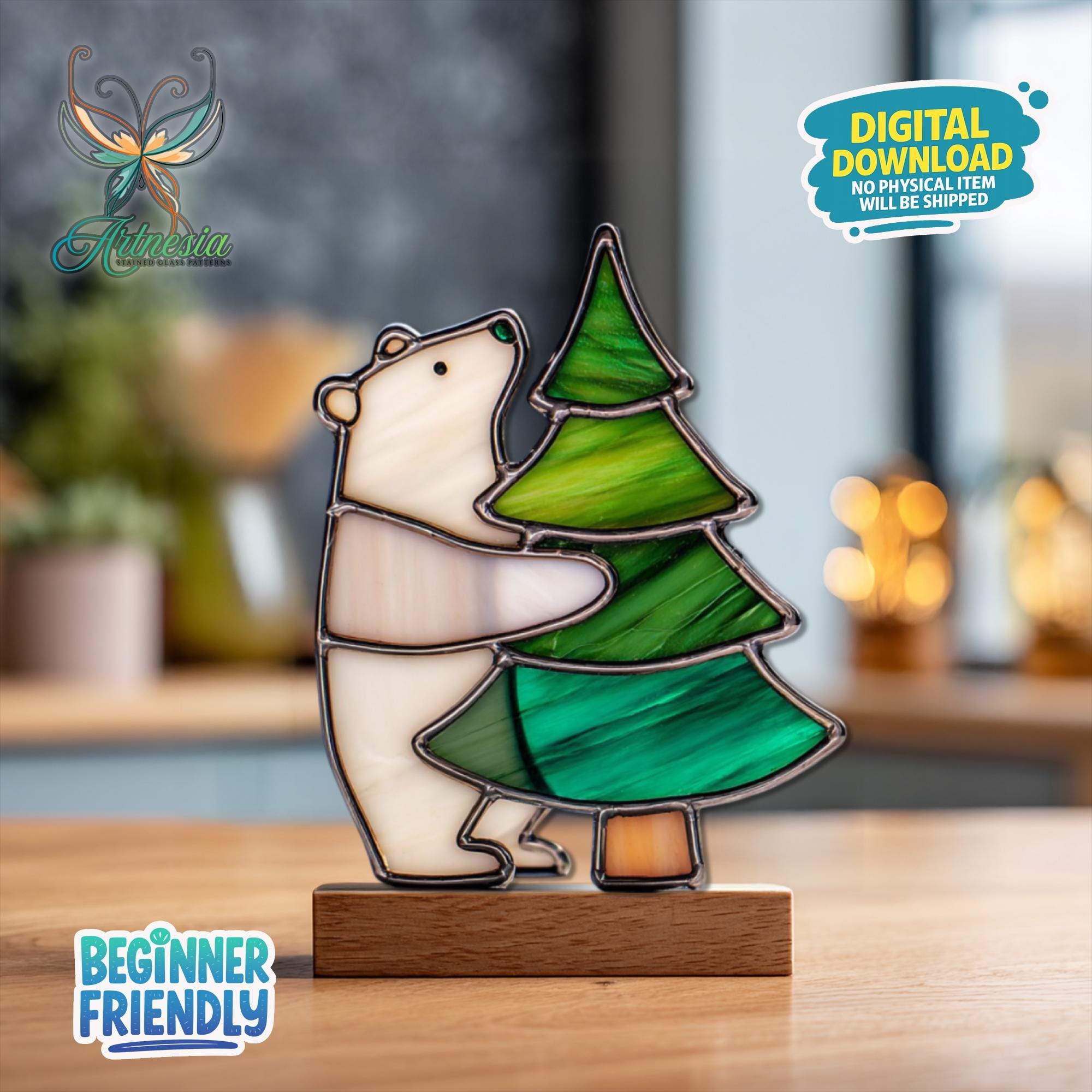 Bear Hugging a Tree Stained Glass Pattern, Bear Suncatcher, Tree ...