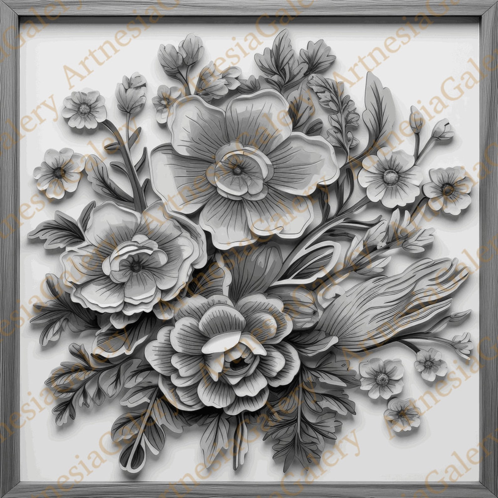 4 Flower Bouquet 3D Illusion PNG Laser Burn File, Digital Relief Design ...
