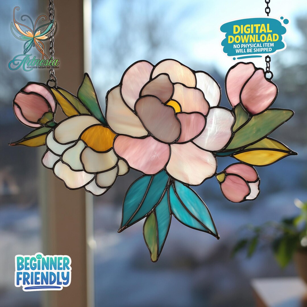 Beautiful Peony Stained Glass Pattern, Peony Suncatcher, Flower Stained ...
