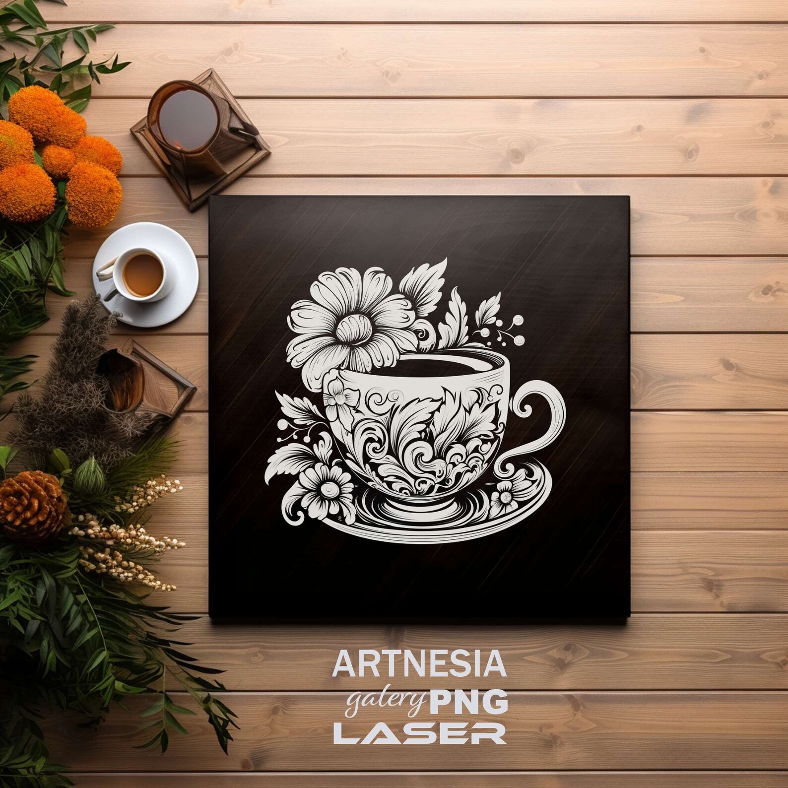 Floral Coffee PNG Laser Engraving File for Slate Coaster, Laser Ready ...