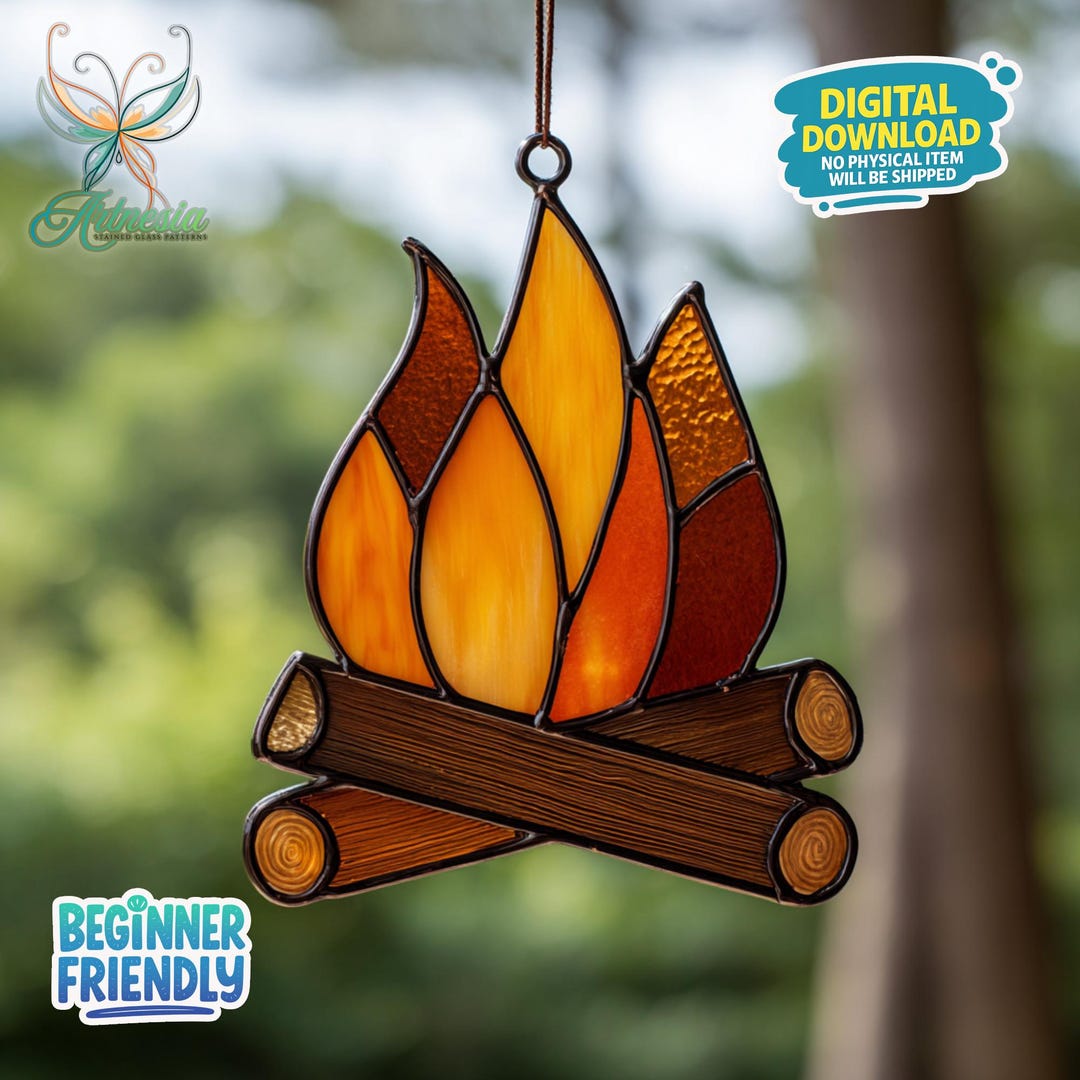 Camp Fire Stained Glass Pattern, Campfire Suncatcher, Stained Glass ...