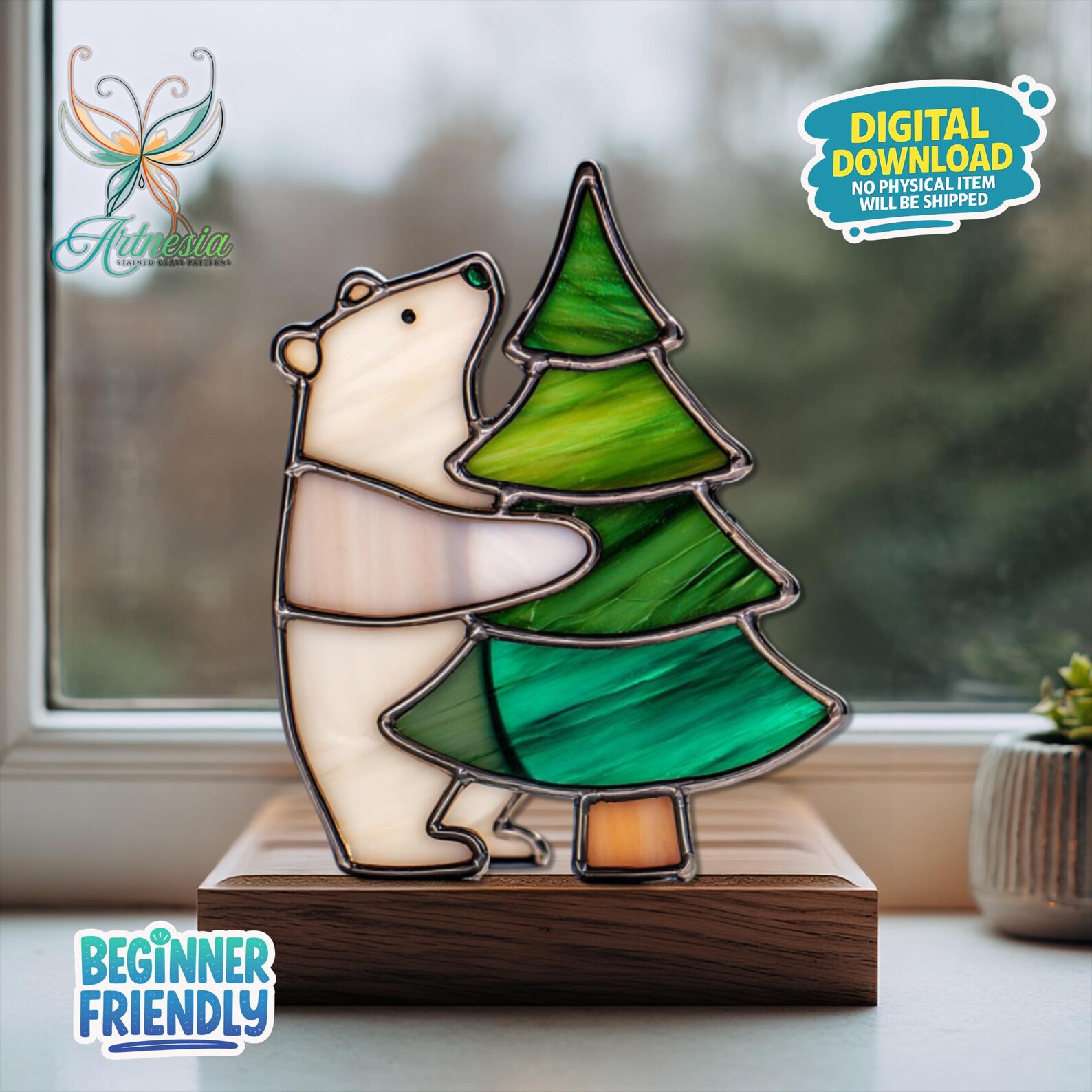 Bear Hugging a Tree Stained Glass Pattern, Bear Suncatcher, Tree ...