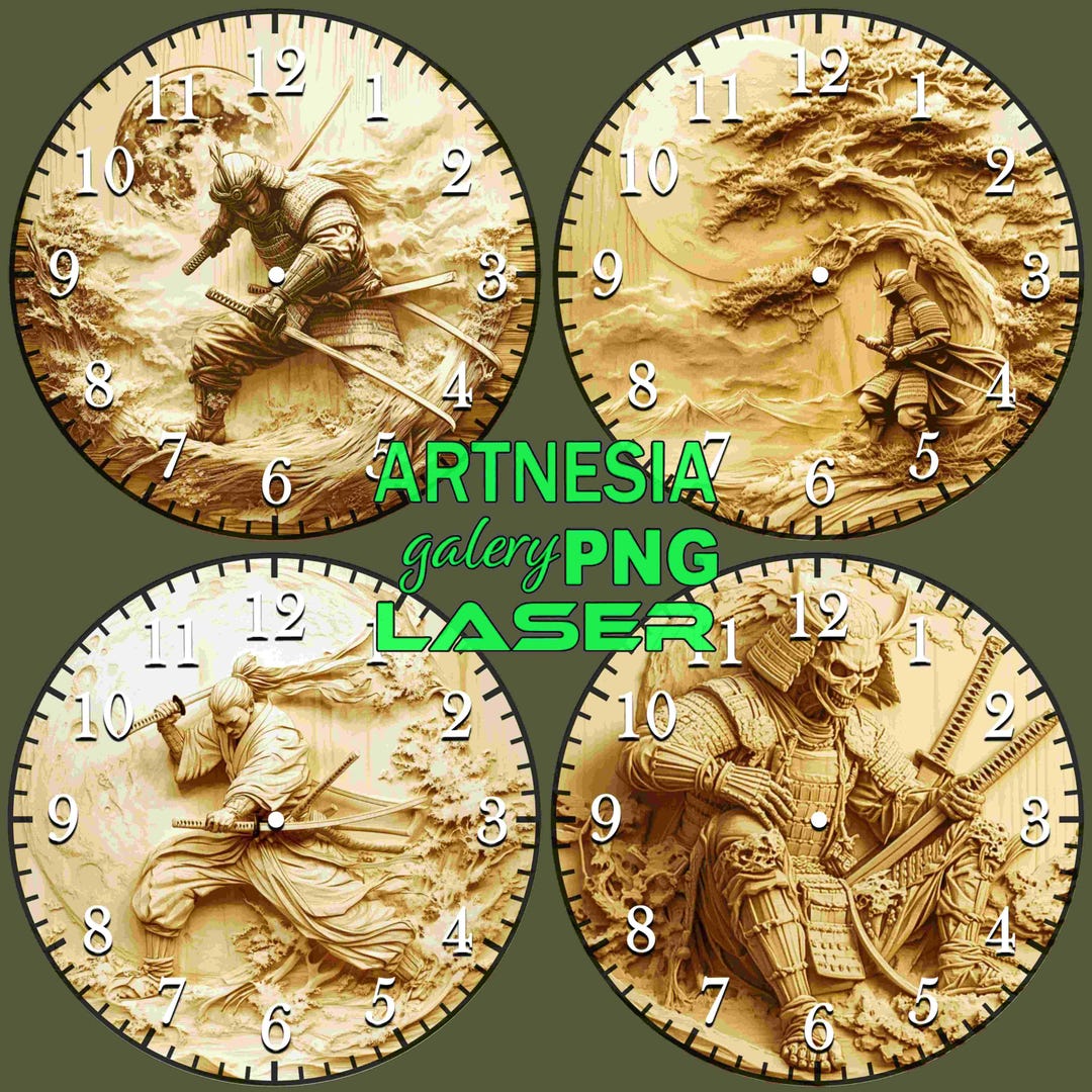 4 Samurai 3D Illusion Clock Template PNG Laser Burn File, Digital ...