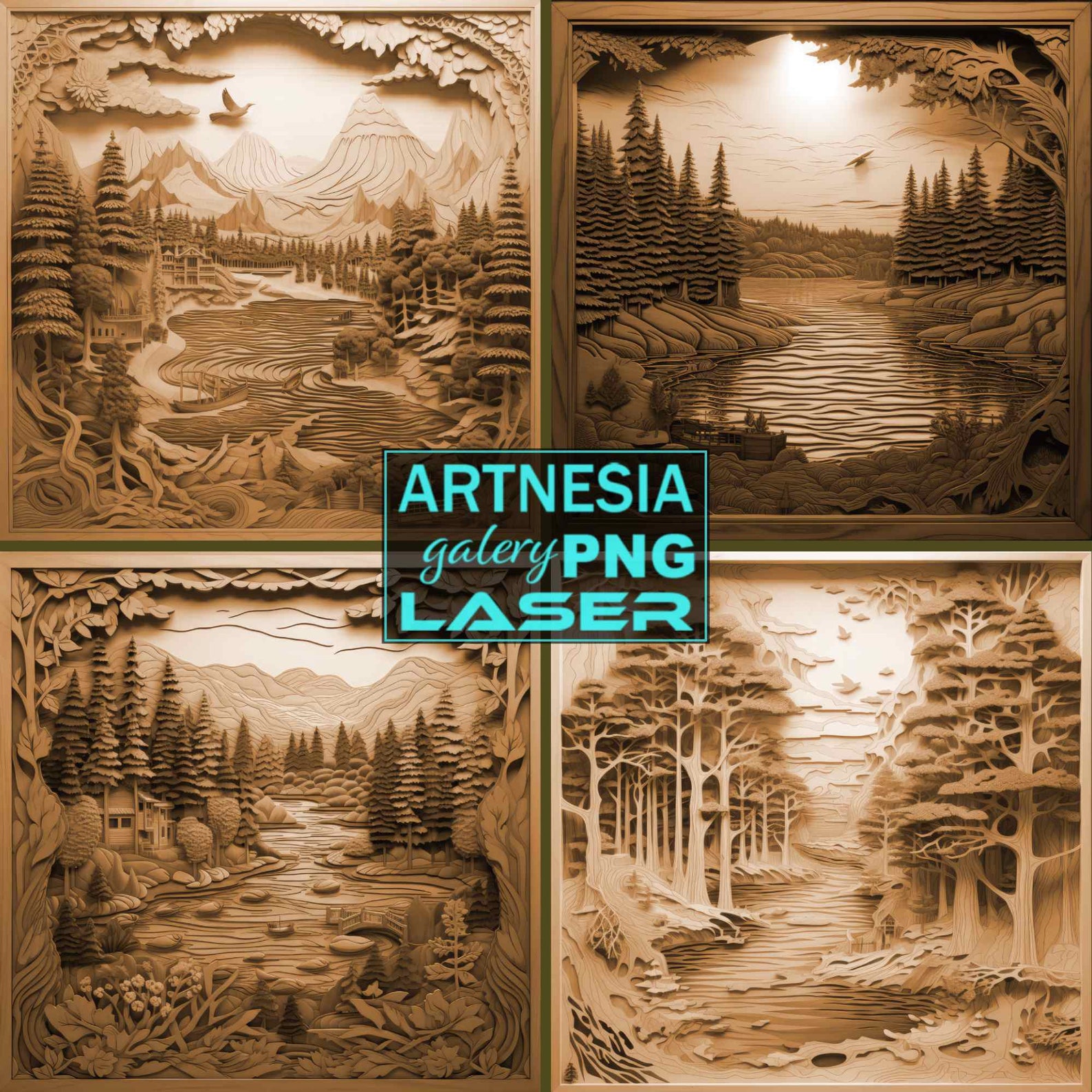 4 Lake 3D Illusion PNG Laser Burn File, Digital Relief Design, Engraved ...