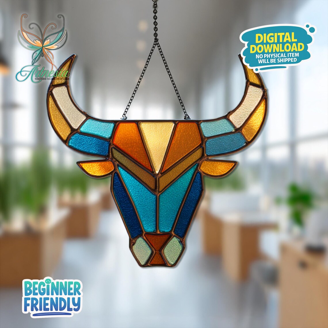 Taurus Bull Stained Glass Pattern, Bull Suncatcher, Skull Stained Glass ...
