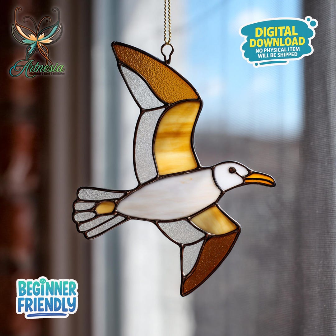 Seagull Bird Stained Glass Pattern, Bird Suncatcher, Stained Glass ...