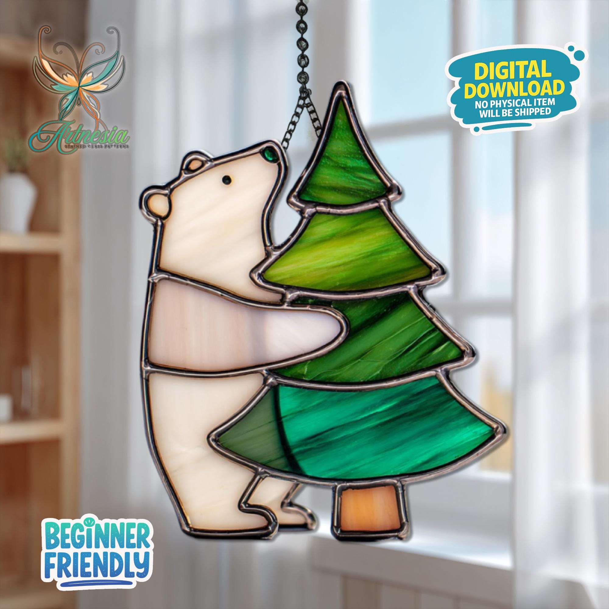 Bear Hugging a Tree Stained Glass Pattern, Bear Suncatcher, Tree ...