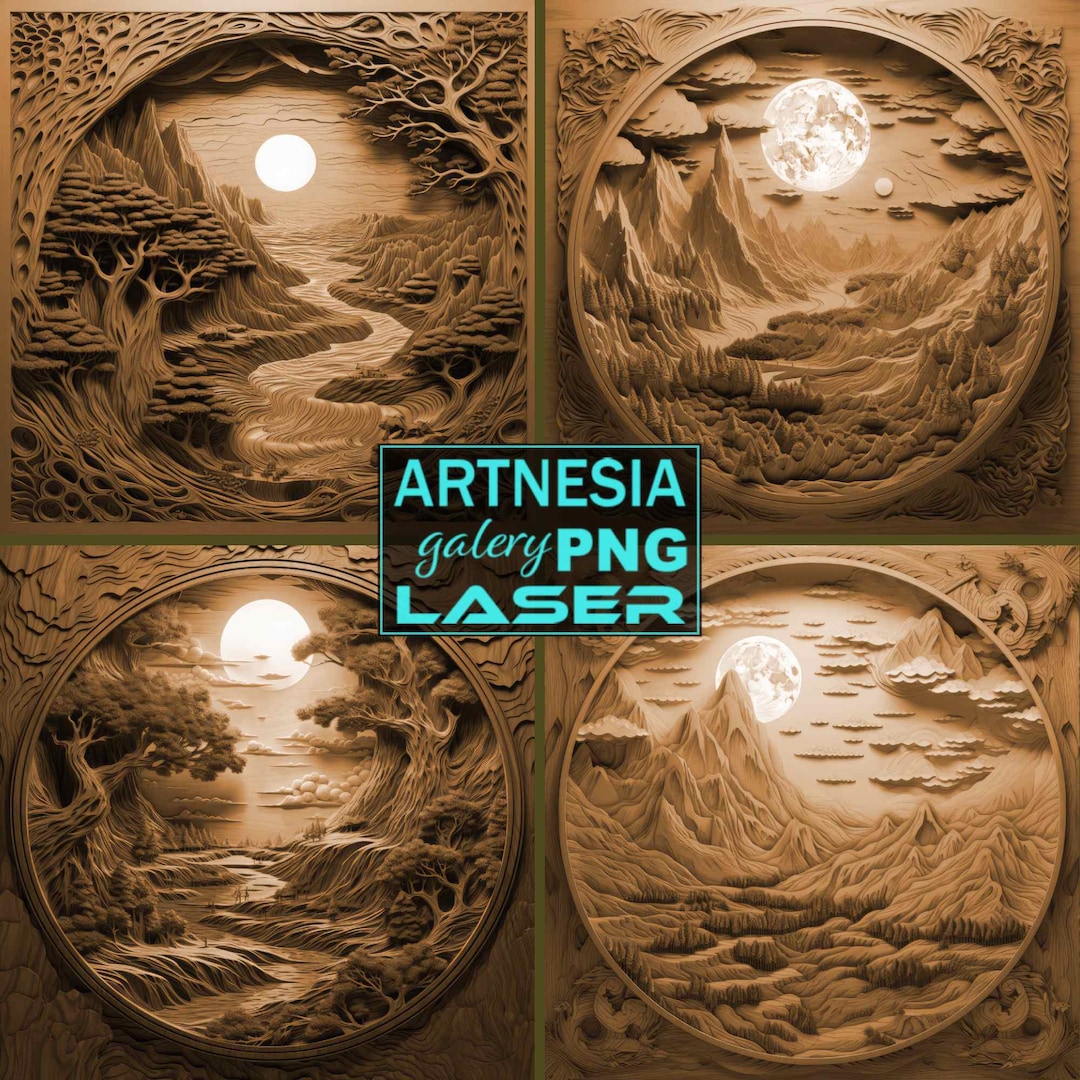 4 Full Moon Landscape 3D Illusion PNG Laser Burn File, Digital Relief ...