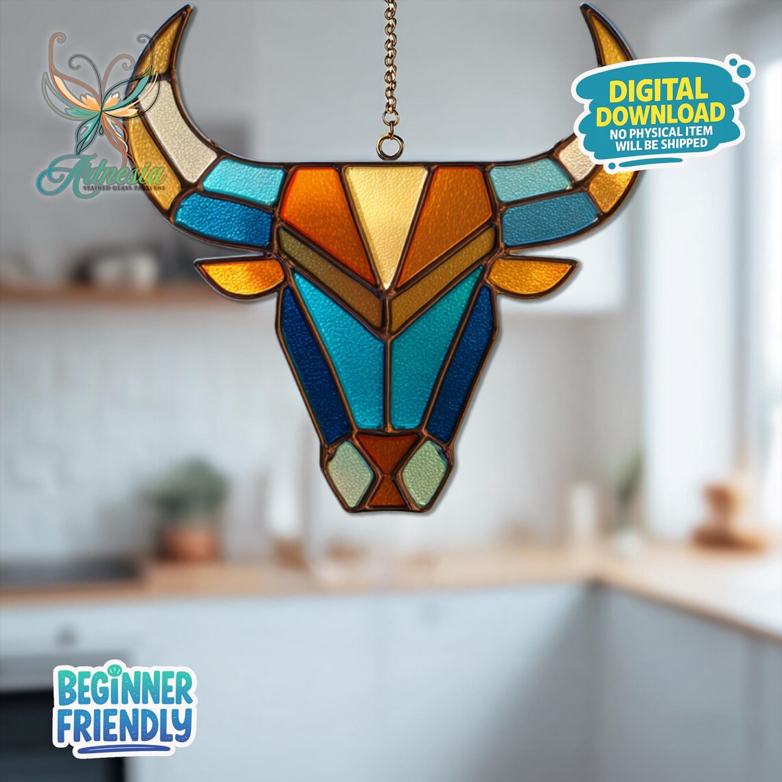Taurus Bull Stained Glass Pattern, Bull Suncatcher, Skull Stained Glass ...