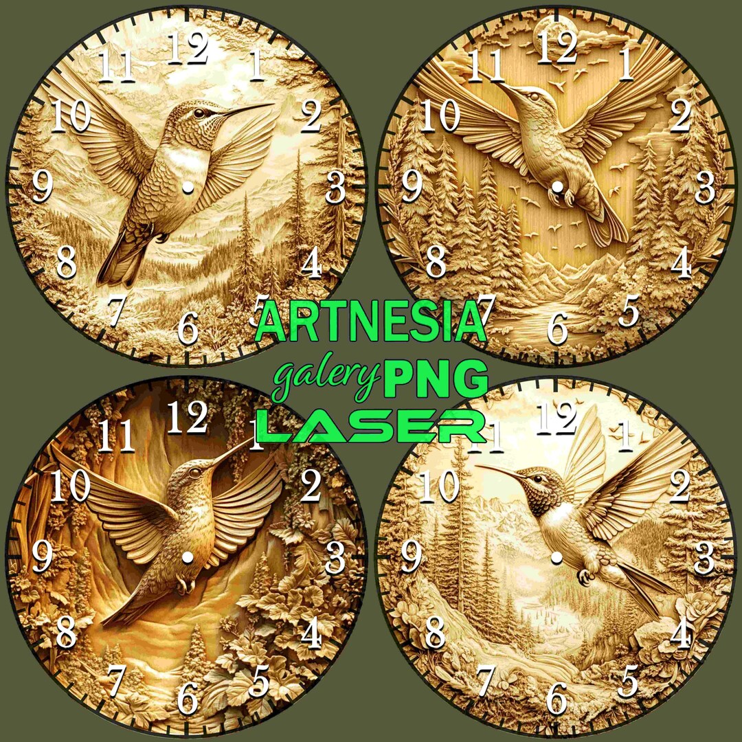 4 Hummingbird 3D Illusion Clock Template PNG Laser Burn File, Digital ...
