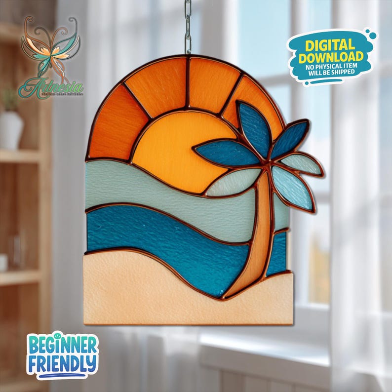 Beach Sunset Stained Glass Pattern, Beach Suncatcher, Stained Glass ...