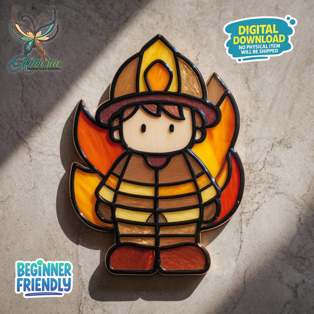 Firefighter Stained Glass Pattern, Firefighter Suncatcher, Fire Stained ...