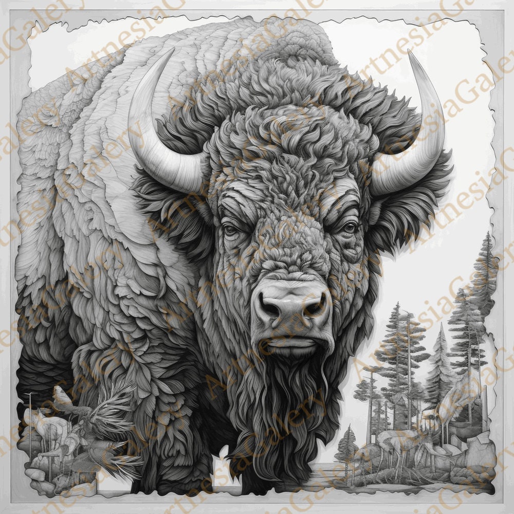 4 Bison 3D Illusion PNG Laser Burn File, Digital Relief Design ...