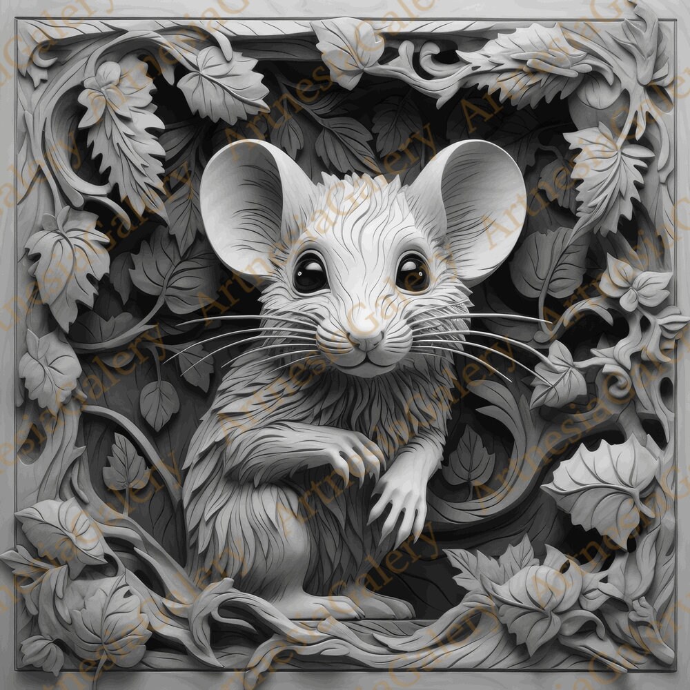 4 Cute Mouse 3D Illusion PNG Laser Burn File, Digital Relief Design ...