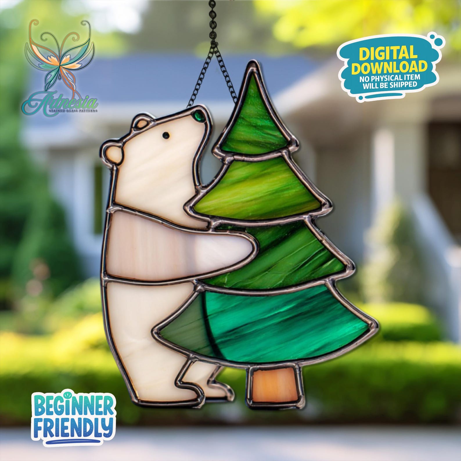 Bear Hugging a Tree Stained Glass Pattern, Bear Suncatcher, Tree ...