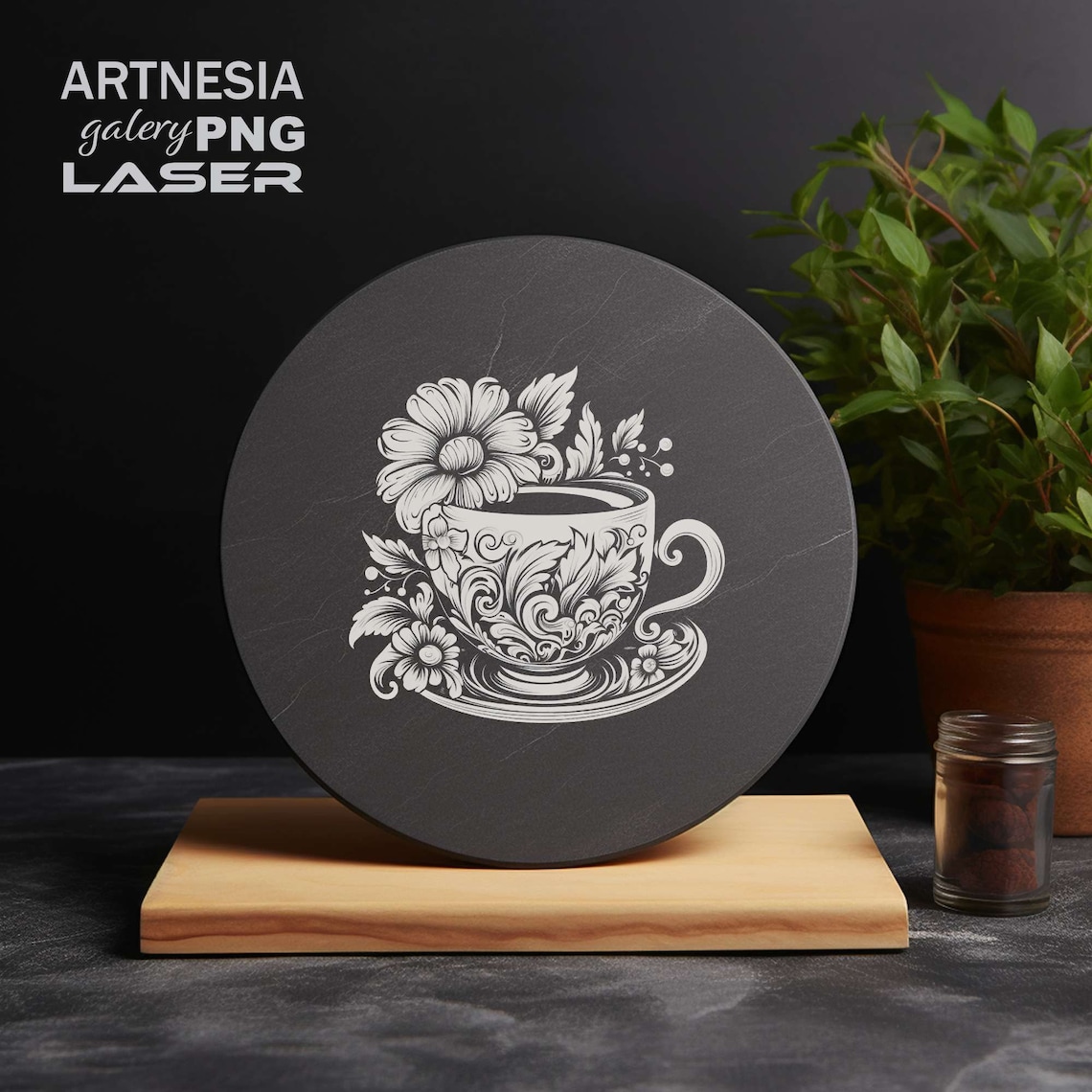 Floral Coffee PNG Laser Engraving File for Slate Coaster, Laser Ready ...