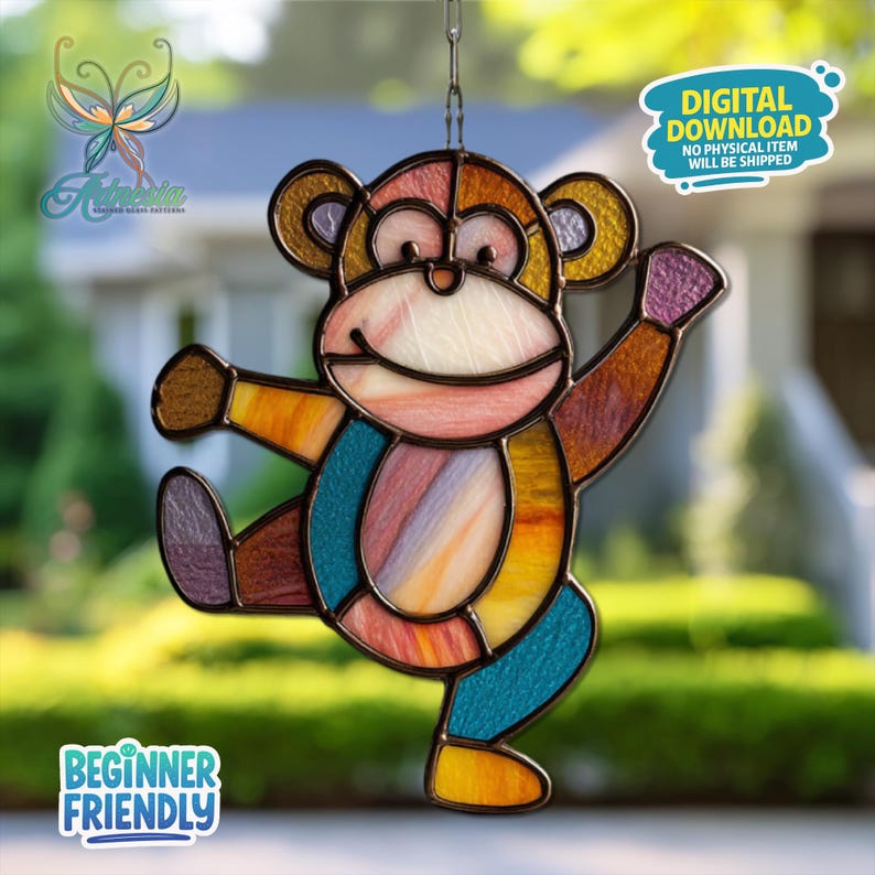 Monkey Stained Glass Pattern, Cute Monkey Suncatcher, Monkey Stained ...