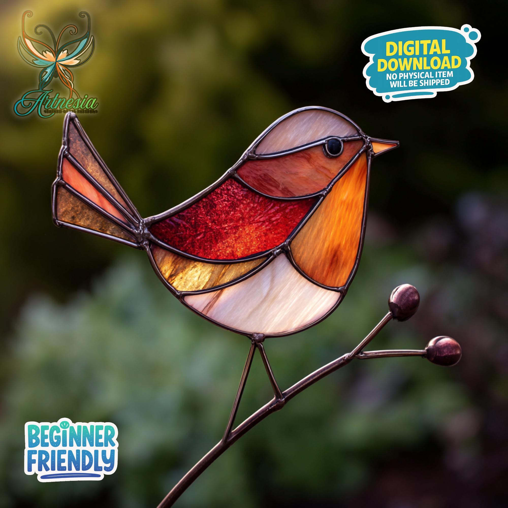 Robin Plant Stake Stained Glass Pattern, Robin Suncatcher, Bird Stained ...
