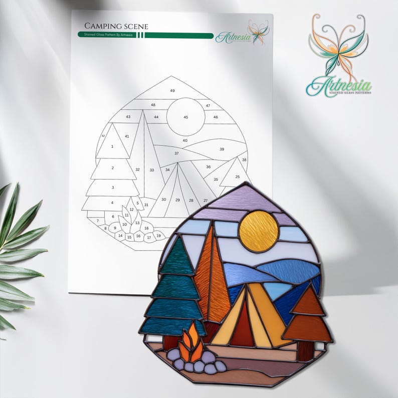 Camping Scene Stained Glass Pattern, Camping Suncatcher, Stained Glass ...
