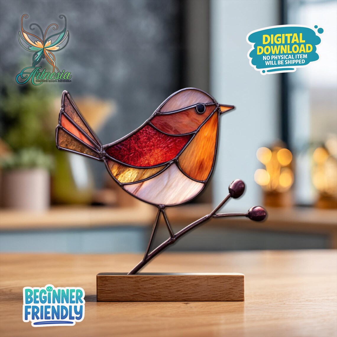 Robin Plant Stake Stained Glass Pattern, Robin Suncatcher, Bird Stained ...