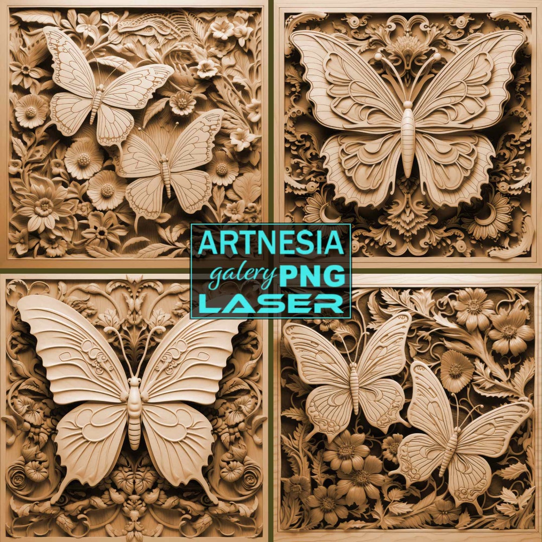 4 Butterfly 3D Illusion PNG Laser Burn File, Digital Relief Design ...