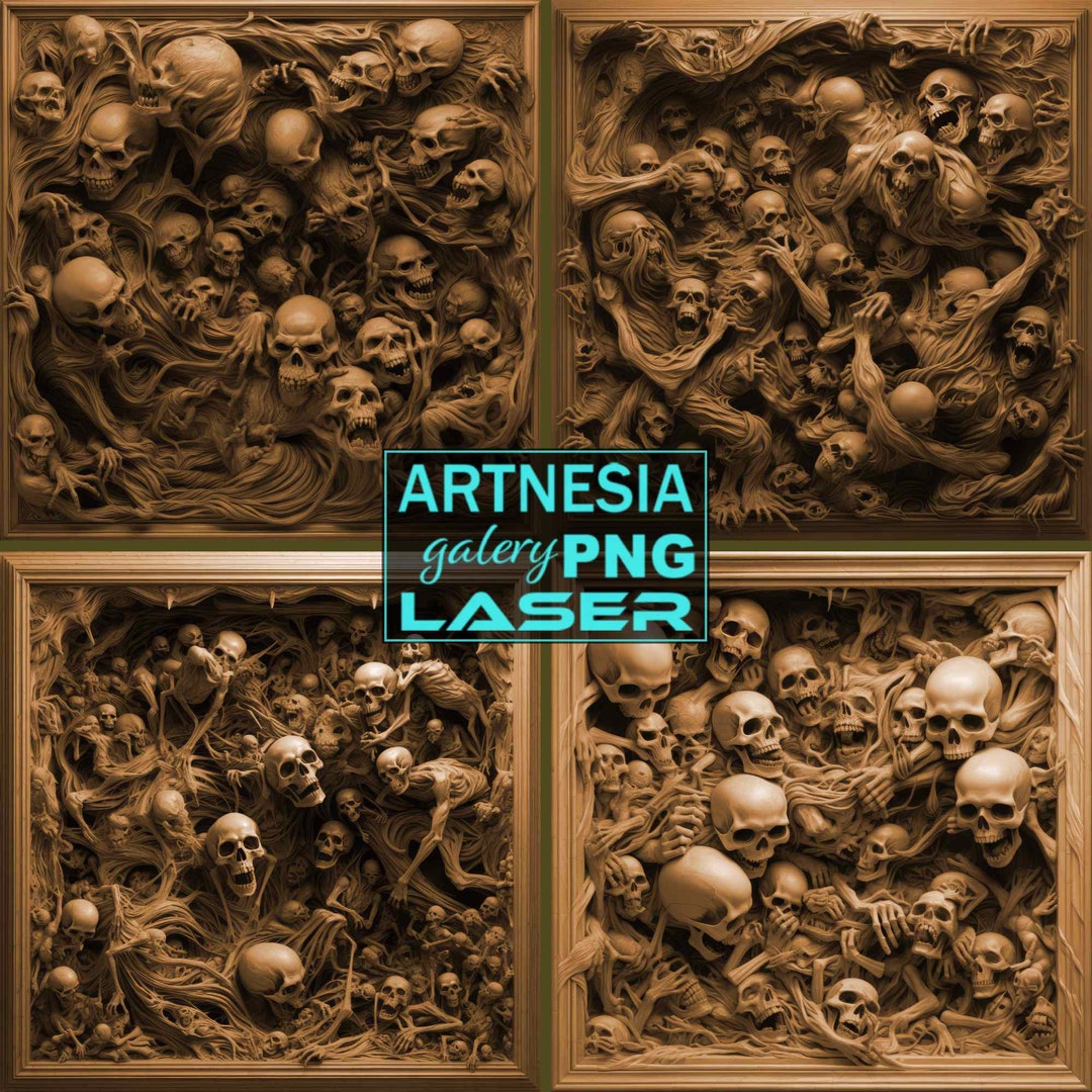 4 Scary Skull 3D Illusion PNG Laser Burn File, Digital Relief Design ...