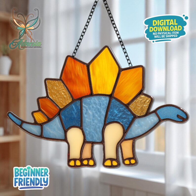Stegosaurus Stained Glass Pattern, Dinosaur Suncatcher, Stained Glas ...