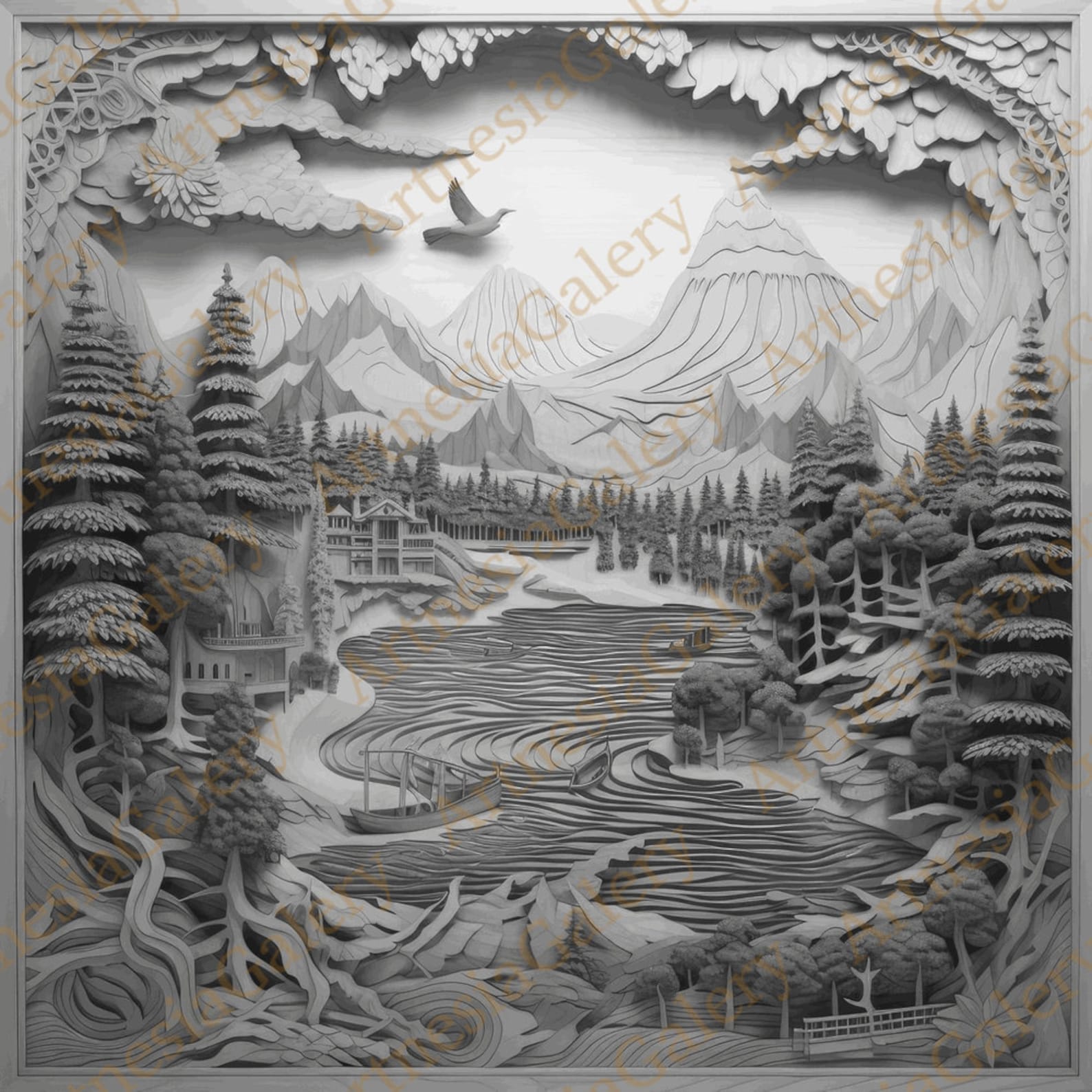4 Lake 3D Illusion PNG Laser Burn File, Digital Relief Design, Engraved ...