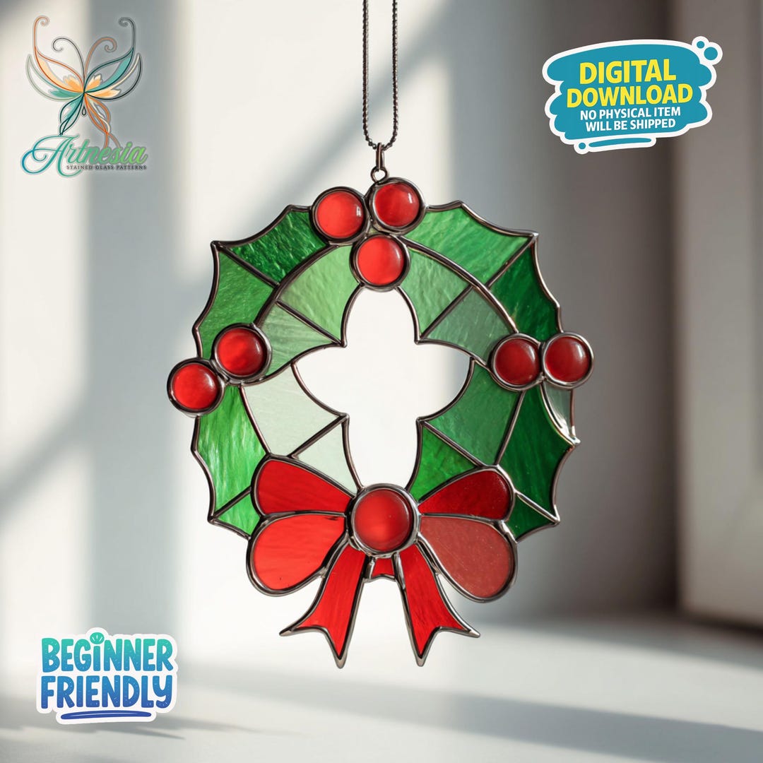 Holly Wreath Stained Glass Pattern, Holiday Wreath Stained Glass ...