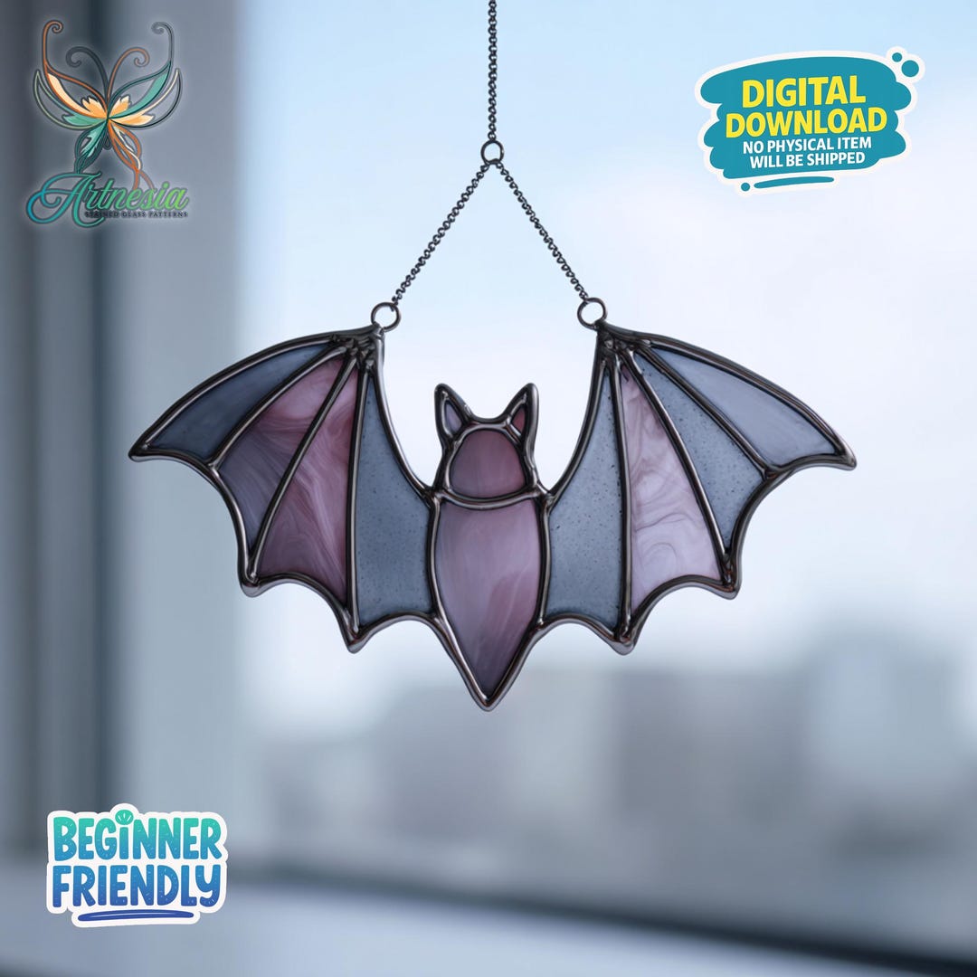 Bat Stained Glass Pattern, Halloween Stained Glass Bat Suncatcher, Bat ...