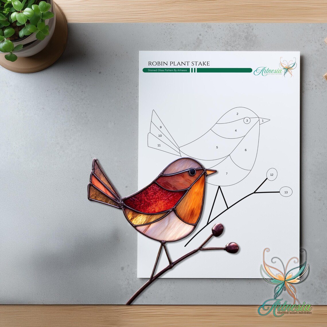 Robin Plant Stake Stained Glass Pattern, Robin Suncatcher, Bird Stained ...