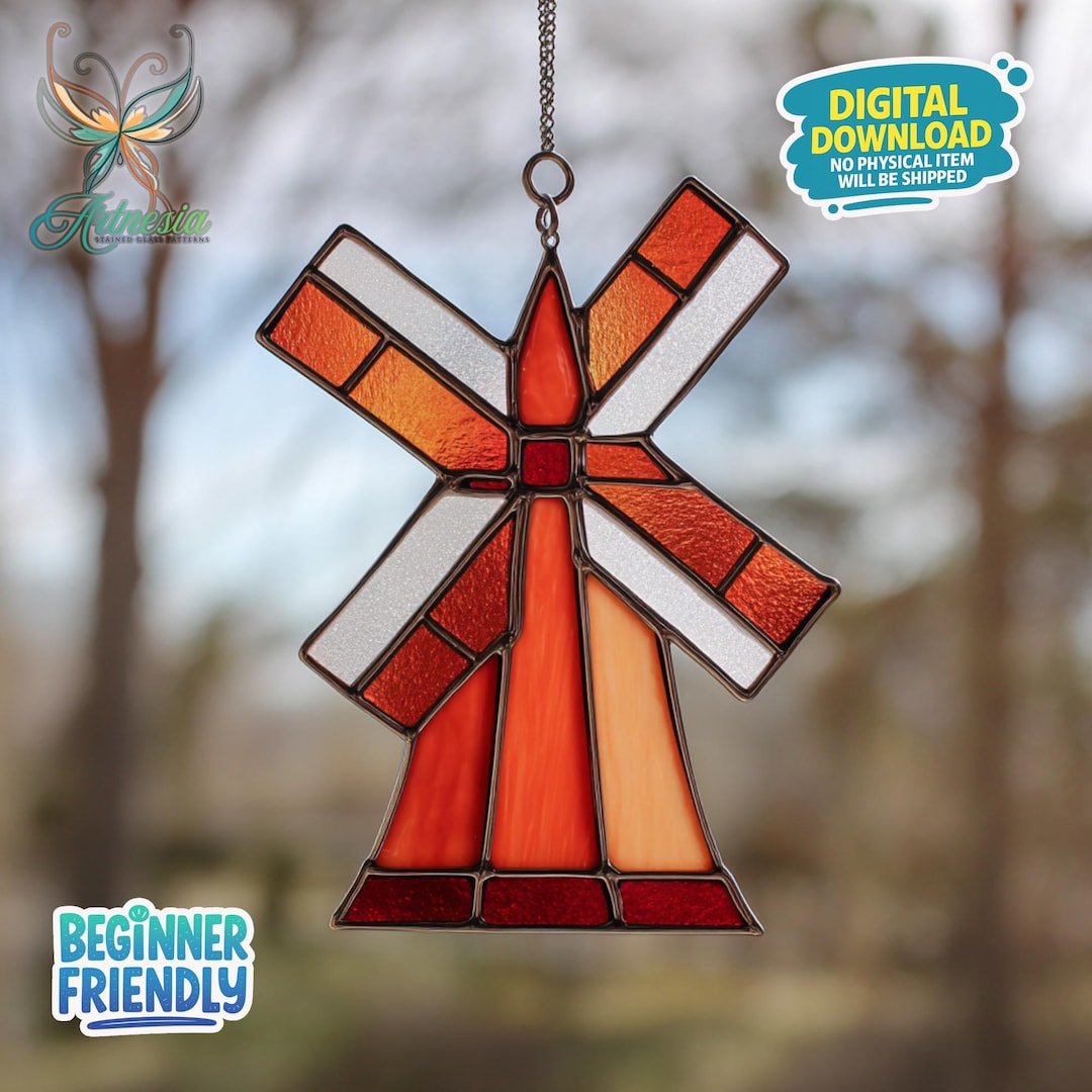 Windmill Stained Glass Pattern, Windmill Suncatcher, Stained Glass ...