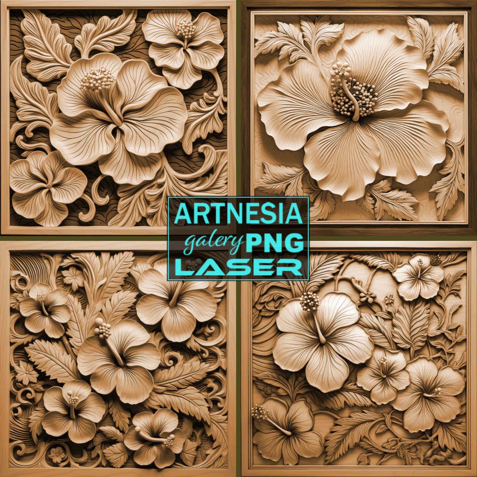 4 Hibiscus Flower 3D Illusion PNG Laser Burn File, Digital Relief ...