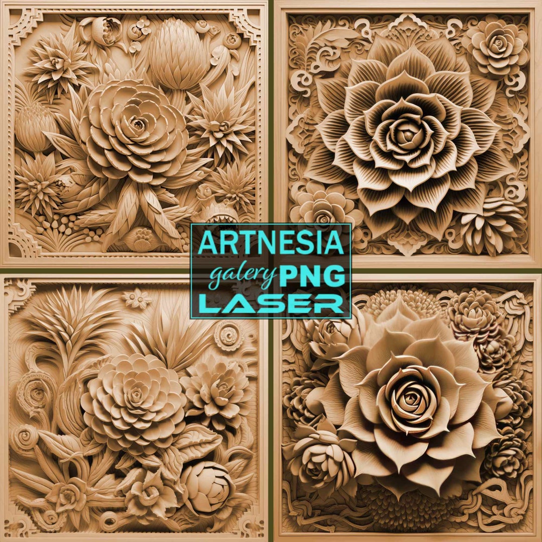 4 Succulent 3D Illusion PNG Laser Burn File, Digital Relief Design ...