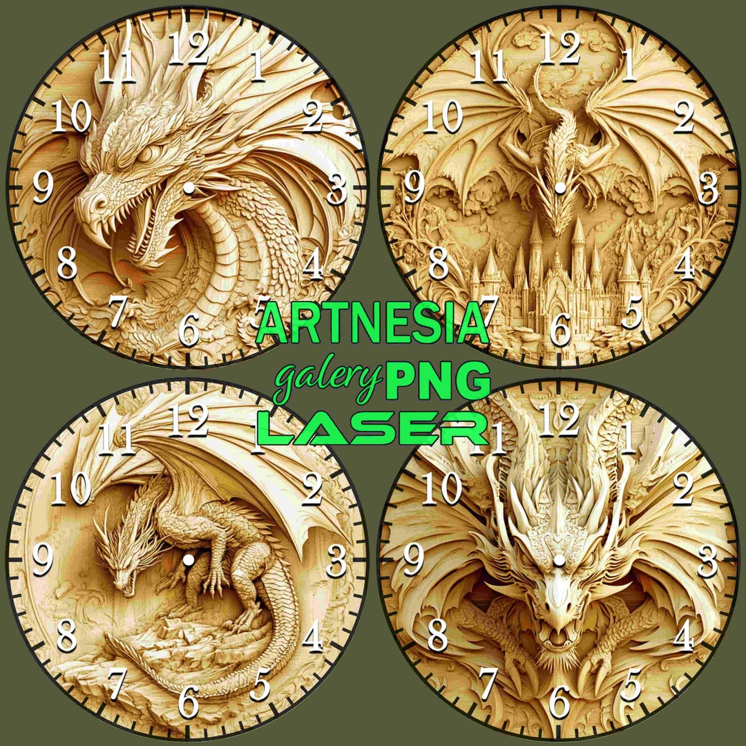 4 Dragon 3D Illusion Clock Template PNG Laser Burn File, Digital Relief ...