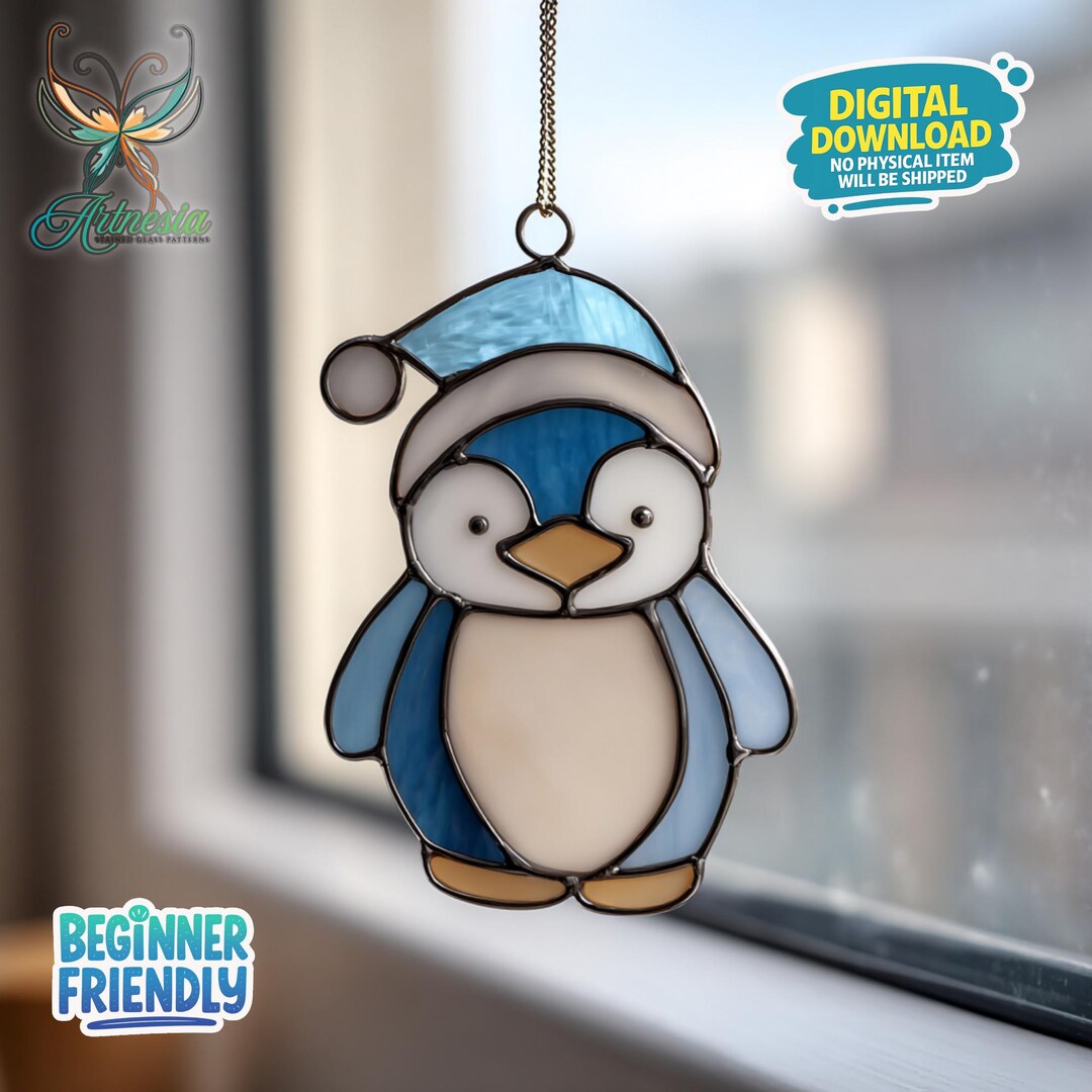 Winter Penguin Stained Glass Pattern, Penguin Suncatcher, Home Decor ...