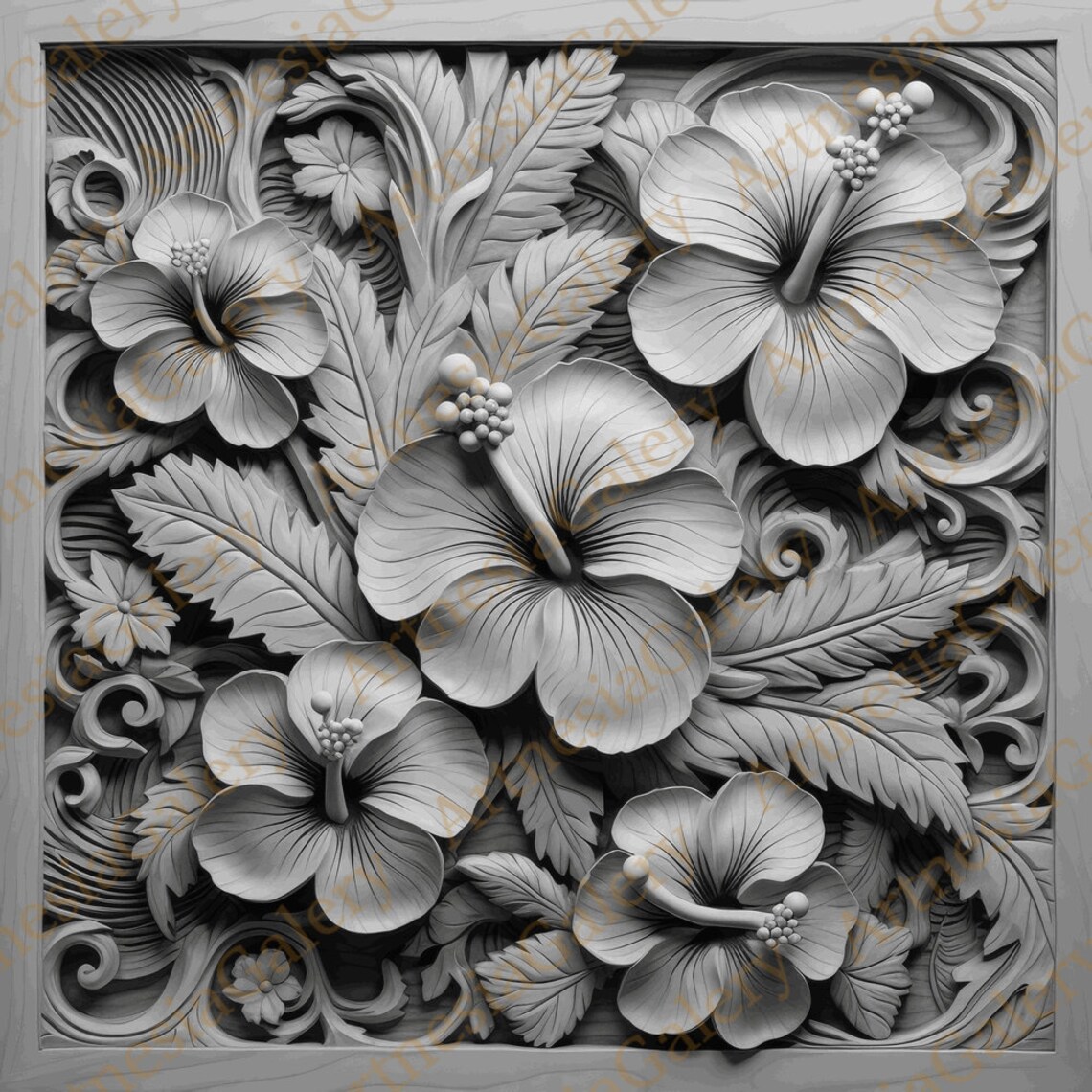 4 Hibiscus Flower 3D Illusion PNG Laser Burn File, Digital Relief ...