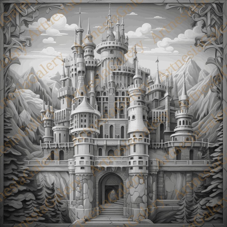 4 Castle 3D Illusion PNG Laser Burn File, Digital Relief Design ...