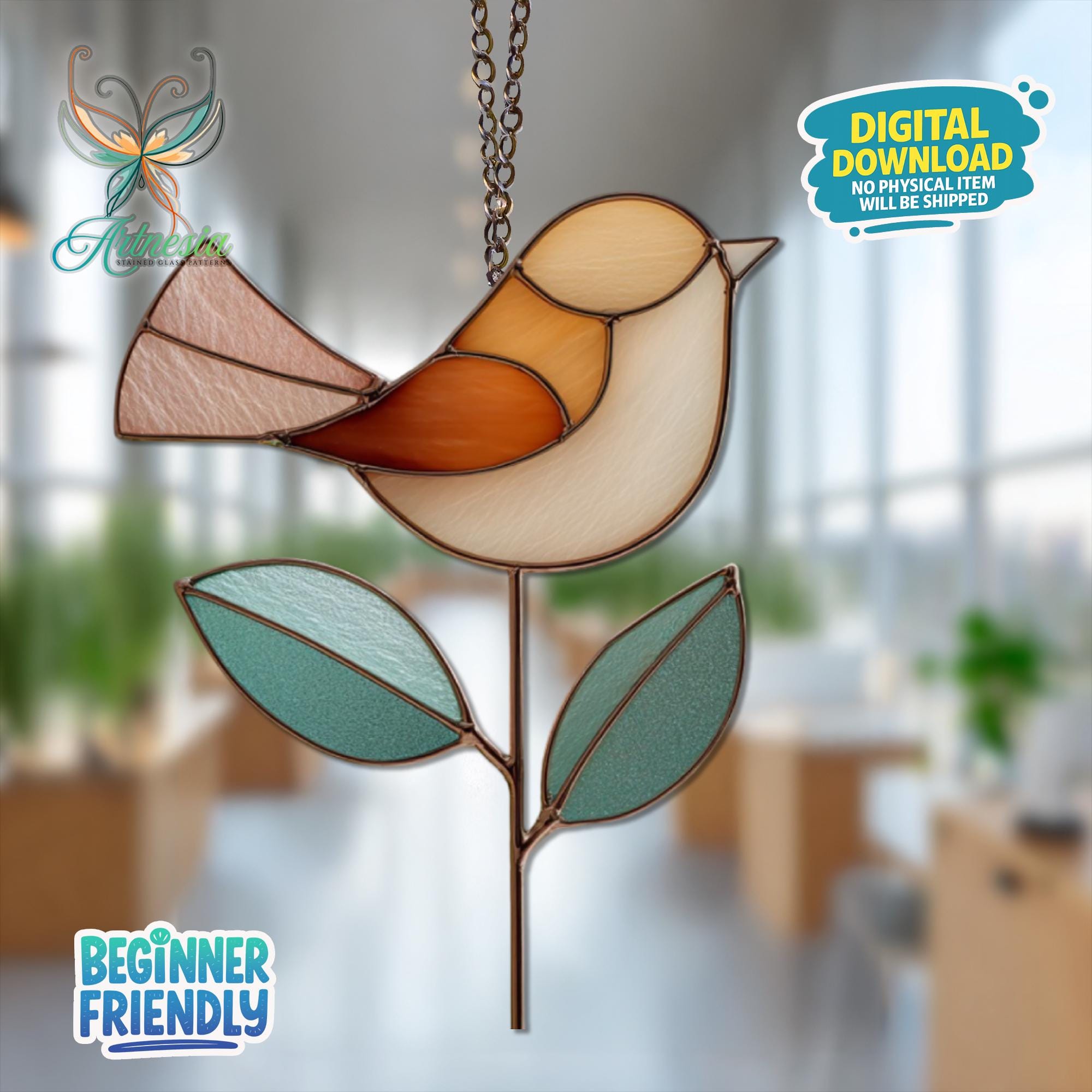 Bird Pearched on Plant Stake Stained Glass Pattern, Bird Stained Glass ...