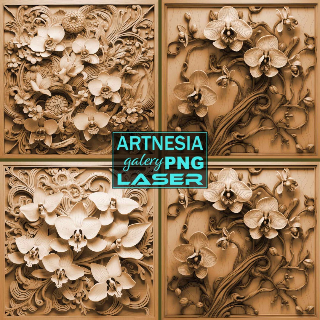 4 Orchid Flower 3D Illusion PNG Laser Burn File, Digital Relief Design ...
