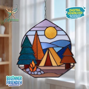 Camping Scene Stained Glass Pattern, Camping Suncatcher, Stained Glass ...