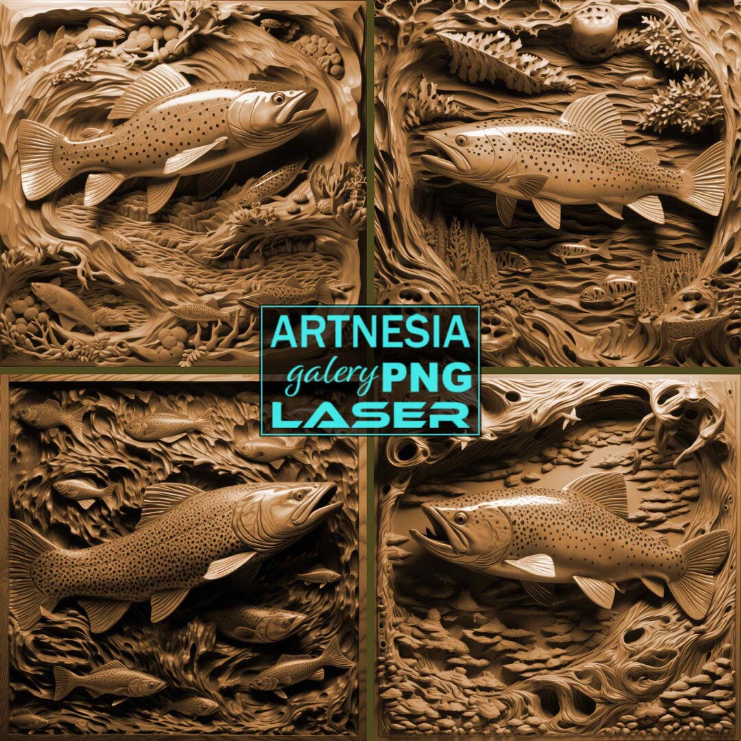 4 Trout Fish 3D Illusion PNG Laser Burn File, Digital Relief Design ...