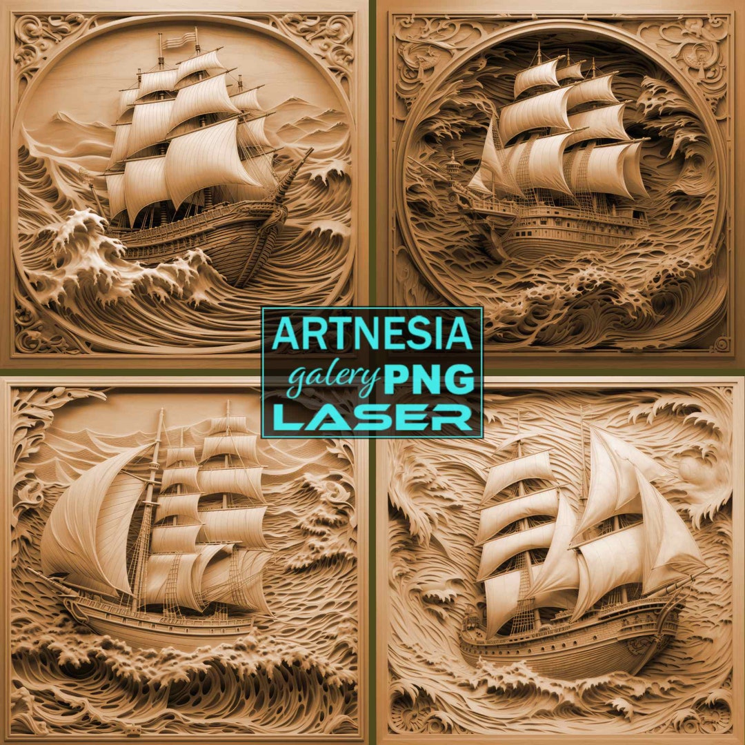4 Saling Boat 3D Illusion PNG Laser Burn File, Digital Relief Design ...